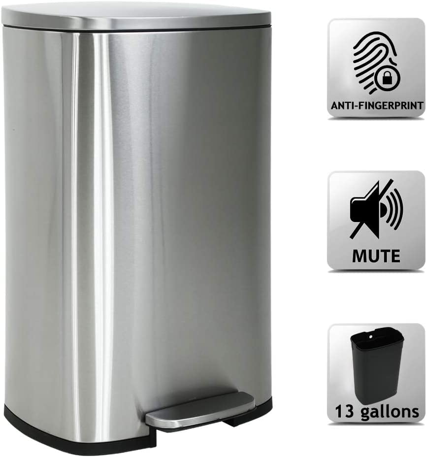 Dkelincs 13 Gallon Trash Can Stainless Steel Automatic Motion Sensor Kitchen Trash Can High-Capacity Touch Free Garbage Can with Lid for Bathroom Bedroom Home Office, 50 Liter,SS