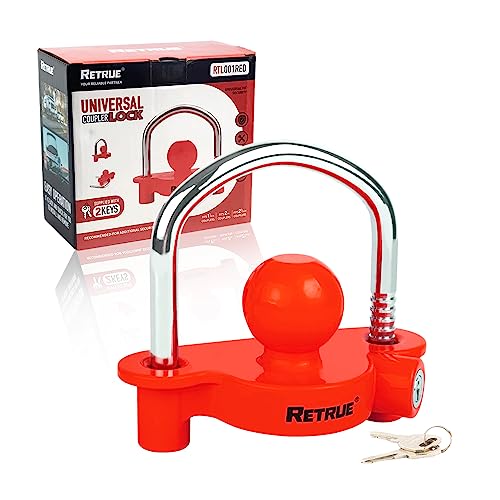 RETRUE Universal Coupler Lock Trailer Locks Ball Hitch Trailer Hitch Lock Adjustable Security Heavy-Duty Steel Fits 1-7/8 Inch, 2 Inch, 2-5/16 Inch Couplers Red