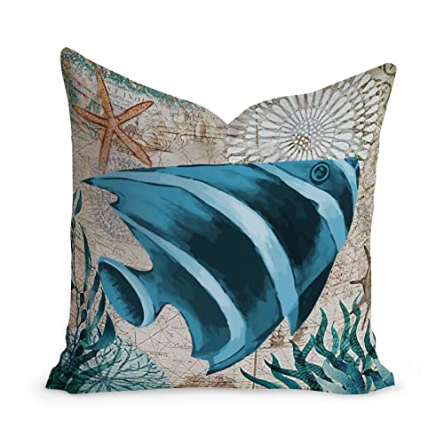 French Retro Ocean Animal Teal Blue Fish Throw Pillow Cushion with Zippe Nautical Sofa Pillow Blue Sea Turtle Rustic Pillow Sham for Living Room Bedroom White Linen 22x22in Housewarming Gift