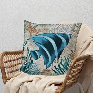 French Retro Ocean Animal Teal Blue Fish Throw Pillow Cushion with Zippe Nautical Sofa Pillow Blue Sea Turtle Rustic Pillow Sham for Living Room Bedroom White Linen 22x22in Housewarming Gift