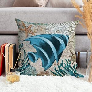 French Retro Ocean Animal Teal Blue Fish Throw Pillow Cushion with Zippe Nautical Sofa Pillow Blue Sea Turtle Rustic Pillow Sham for Living Room Bedroom White Linen 22x22in Housewarming Gift