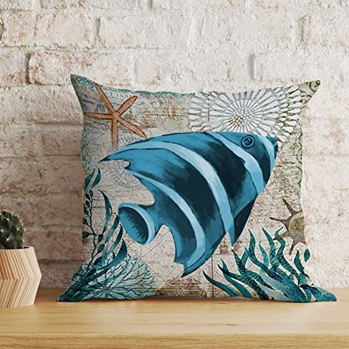 French Retro Ocean Animal Teal Blue Fish Throw Pillow Cushion with Zippe Nautical Sofa Pillow Blue Sea Turtle Rustic Pillow Sham for Living Room Bedroom White Linen 22x22in Housewarming Gift