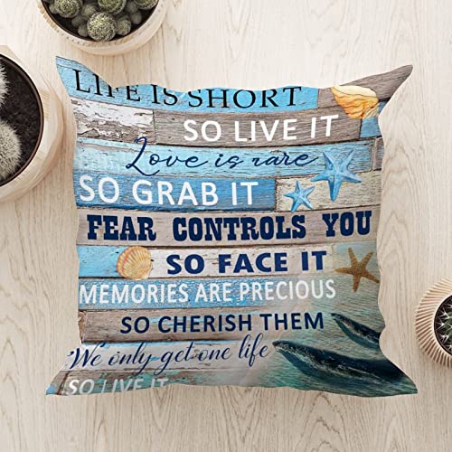 Beach House Throw Pillow Cushion Beach Theme Ocean White Linen Pillow Covers Coral Nursery Decor Modern Toss Pillows with Zippe for Sofa Living Room 18x18in Home Decoration Pillow Birthday Gift