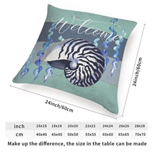 Nautical Throw Pillow Cushion Sea Snail Coastal Ocean Welcome White Linen Sofa Pillow Sailboat Home Decorative Pillowcase with Zippe for Living Room Bedroom 24x24in Birthday Housewarming Gift