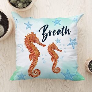 WoGuangis Coastal Throw Pillow Cushion Beach Theme Ocean Breath Seahorse White Linen Sofa Pillows Jellyfish Vintage Farmhouse Throw Pillow Case with Zippe for Office Car Chair Sofa 20x20in