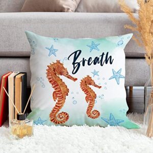 WoGuangis Coastal Throw Pillow Cushion Beach Theme Ocean Breath Seahorse White Linen Sofa Pillows Jellyfish Vintage Farmhouse Throw Pillow Case with Zippe for Office Car Chair Sofa 20x20in