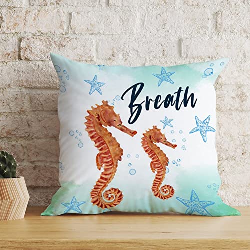 WoGuangis Coastal Throw Pillow Cushion Beach Theme Ocean Breath Seahorse White Linen Sofa Pillows Jellyfish Vintage Farmhouse Throw Pillow Case with Zippe for Office Car Chair Sofa 20x20in