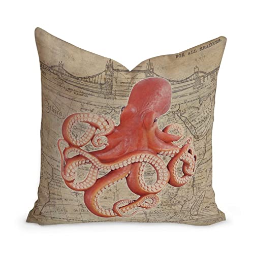 WoGuangis Beach House Throw Pillow Cushion French Vintage Nautical Map Coastal Octopus White Linen Throw Pillows Seahorse Sea Life Vintage Pillowcases with Zippe for Sofa Living Room 22x22in