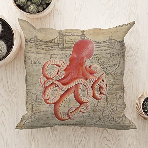 WoGuangis Beach House Throw Pillow Cushion French Vintage Nautical Map Coastal Octopus White Linen Throw Pillows Seahorse Sea Life Vintage Pillowcases with Zippe for Sofa Living Room 22x22in