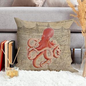 WoGuangis Beach House Throw Pillow Cushion French Vintage Nautical Map Coastal Octopus White Linen Throw Pillows Seahorse Sea Life Vintage Pillowcases with Zippe for Sofa Living Room 22x22in