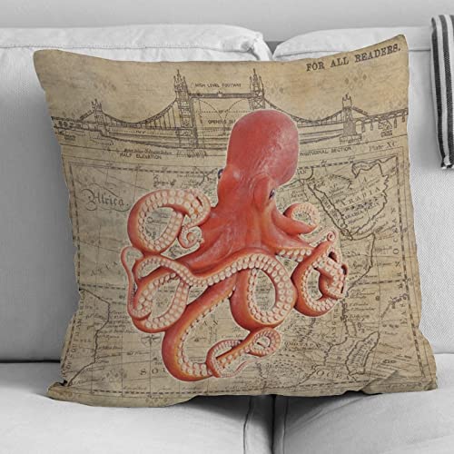 WoGuangis Beach House Throw Pillow Cushion French Vintage Nautical Map Coastal Octopus White Linen Throw Pillows Seahorse Sea Life Vintage Pillowcases with Zippe for Sofa Living Room 22x22in