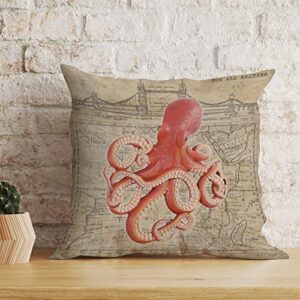 WoGuangis Beach House Throw Pillow Cushion French Vintage Nautical Map Coastal Octopus White Linen Throw Pillows Seahorse Sea Life Vintage Pillowcases with Zippe for Sofa Living Room 22x22in