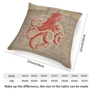 WoGuangis Beach House Throw Pillow Cushion French Vintage Nautical Map Coastal Octopus White Linen Throw Pillows Seahorse Sea Life Vintage Pillowcases with Zippe for Sofa Living Room 22x22in