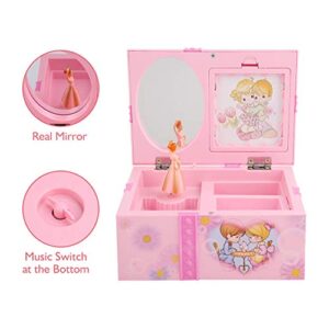 Musical Jewelry Box for Little Girls, Pink Jewelry Storage Box with Spinning Ballerina Plastic Dancing Princess Music Box, Ideal Girls, Kids