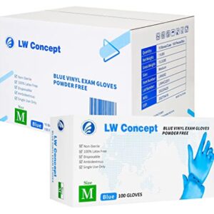 LW Concept Blue Vinyl Exam Gloves for Medical/Food Safe/Cleaning/Handling Use Multipurpose Latex & Powder Free, 4.5 mil (LW4002, Medium)