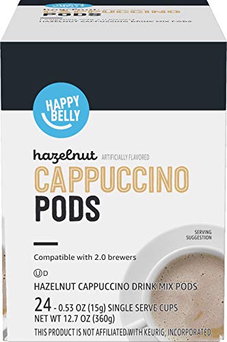 Amazon Brand - Happy Belly Light Roast Cappuccino Coffee Pods, Hazelnut Flavored, Compatible with K-Cup Brewers, 24 Count