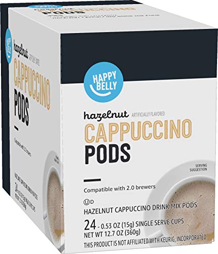 Amazon Brand - Happy Belly Light Roast Cappuccino Coffee Pods, Hazelnut Flavored, Compatible with K-Cup Brewers, 24 Count