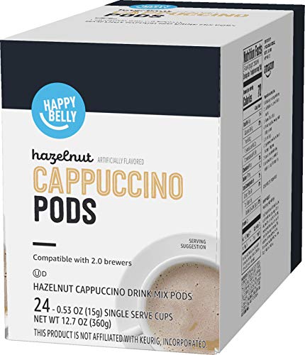 Amazon Brand - Happy Belly Light Roast Cappuccino Coffee Pods, Hazelnut Flavored, Compatible with K-Cup Brewers, 24 Count