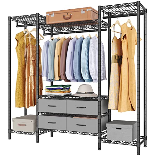 VIPEK V20i Wire Garment Rack Heavy Duty Clothes Rack Bedroom Armoires Metal Clothing Rack with Adjustable Shelves, 3 Hang Rods, 4 Fabric Drawers, Compact Freestanding Closet Storage Organizer, Black