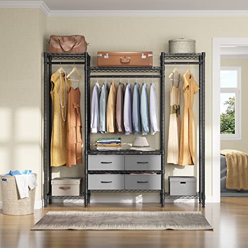 VIPEK V20i Wire Garment Rack Heavy Duty Clothes Rack Bedroom Armoires Metal Clothing Rack with Adjustable Shelves, 3 Hang Rods, 4 Fabric Drawers, Compact Freestanding Closet Storage Organizer, Black