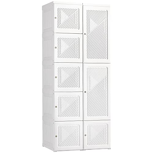 HOMCOM Portable Wardrobe Closet, Folding Bedroom Armoire, Clothes Storage Organizer with Cube Compartments, Hanging Rod, Magnet Doors, White