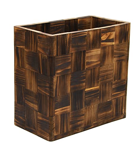 Owlgift Wooden Rustic Burnt Waste Basket Trash Bin, Rectangular Wastebaskets, Bathroom Garbage Can, Bedroom Dorm Recycle Office Can Wastebasket Décor, 5.3" x 10" 9.5"