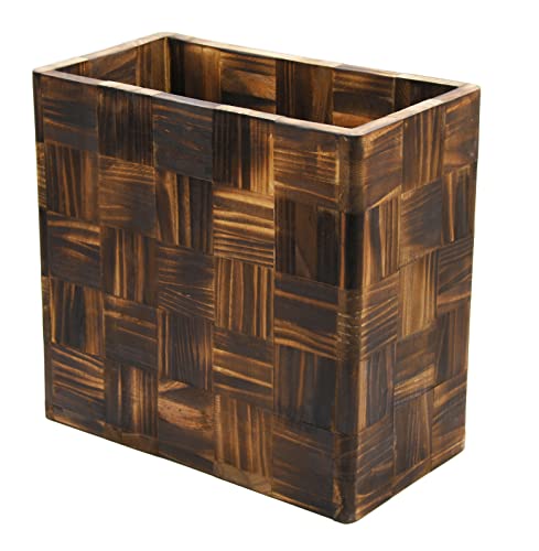 Owlgift Wooden Rustic Burnt Waste Basket Trash Bin, Rectangular Wastebaskets, Bathroom Garbage Can, Bedroom Dorm Recycle Office Can Wastebasket Décor, 5.3" x 10" 9.5"