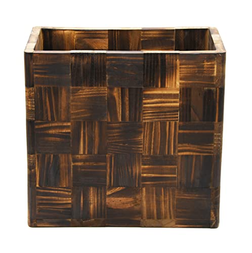 Owlgift Wooden Rustic Burnt Waste Basket Trash Bin, Rectangular Wastebaskets, Bathroom Garbage Can, Bedroom Dorm Recycle Office Can Wastebasket Décor, 5.3" x 10" 9.5"