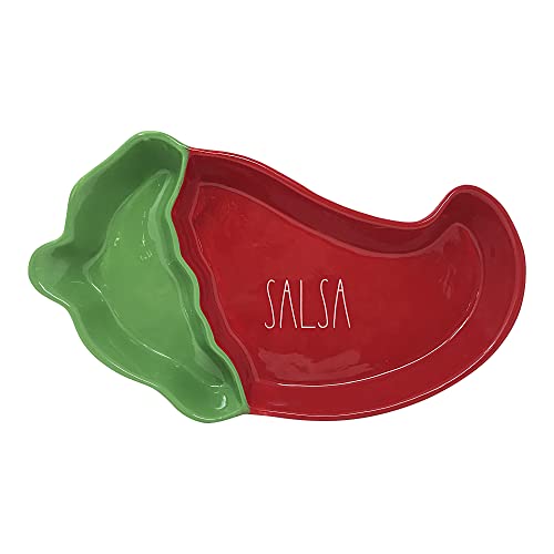 Rae Dunn by Magenta Ceramic Chip and Dip Platter (Salsa/Red/Green, 14" x 7" Jalepeno)