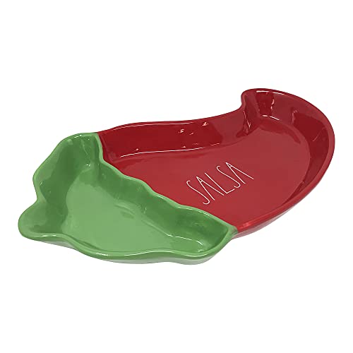 Rae Dunn by Magenta Ceramic Chip and Dip Platter (Salsa/Red/Green, 14" x 7" Jalepeno)