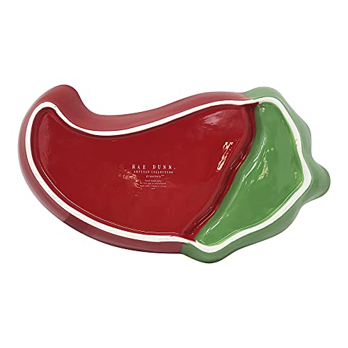 Rae Dunn by Magenta Ceramic Chip and Dip Platter (Salsa/Red/Green, 14" x 7" Jalepeno)