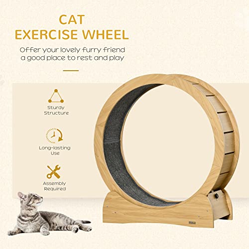 PawHut Cat Exercise Wheel Treadmill with Natural Wood Grain, Cat Spinning Wheel Exerciser for Longer Lifespan, Cat Running Wheel with Brake