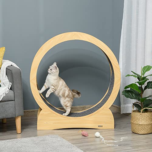 PawHut Cat Exercise Wheel Treadmill with Natural Wood Grain, Cat Spinning Wheel Exerciser for Longer Lifespan, Cat Running Wheel with Brake