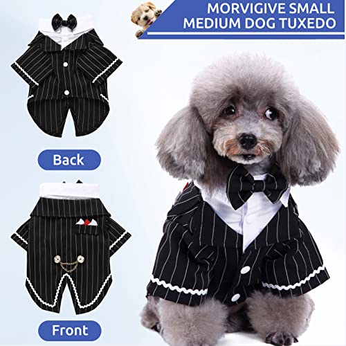 MORVIGIVE Striped Dog Tuxedo Formal Shirt, Puppy Suit Pet Costume with Bow Tie for Wedding Party Birthday, Doggie Gentleman Outfits Halloween Pet Dress-Up Cosplay Clothes for Small Medium Dogs