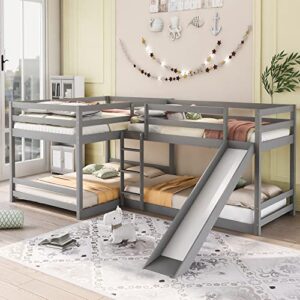 quad bunk beds with slide, l shape bunk bed for 4, full over full bunk bed & twin over twin bunk bed, wood corner bunk beds for kids boys girls teens (4 beds, gray)