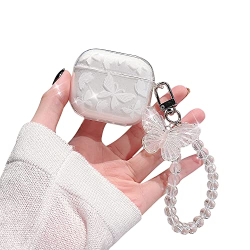 Ownest Compatible with AirPods Case, Cute Butterfly Pattern Clear Soft TPU Shockproof Cover Case Glitter with Keychain for Women Girls for AirPods Pro-White