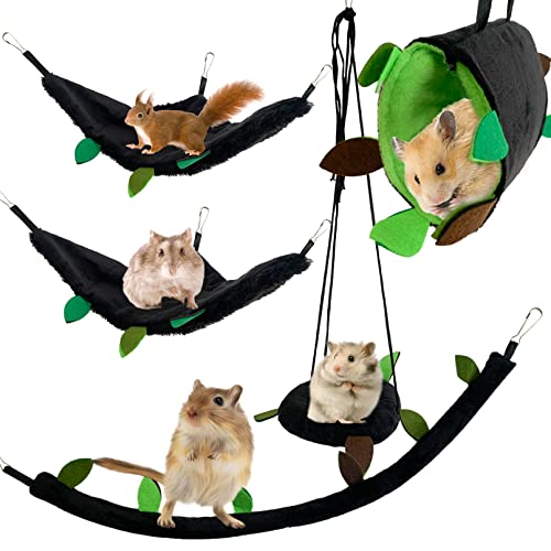 MUYG Hamster Hammock,Small Animal Hanging Hideout Tunnel Sleeping Set Plush Swing Warm Bed House Cage Nest Accessories for Sugar Glider,Squirrel,Black(5 Pcs)