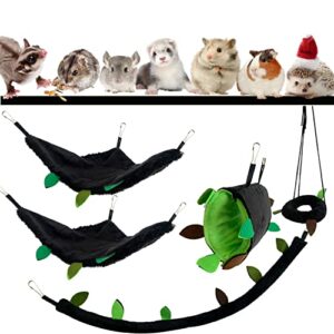 MUYG Hamster Hammock,Small Animal Hanging Hideout Tunnel Sleeping Set Plush Swing Warm Bed House Cage Nest Accessories for Sugar Glider,Squirrel,Black(5 Pcs)