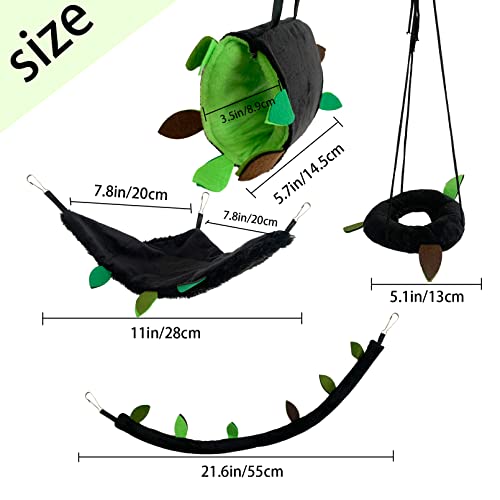 MUYG Hamster Hammock,Small Animal Hanging Hideout Tunnel Sleeping Set Plush Swing Warm Bed House Cage Nest Accessories for Sugar Glider,Squirrel,Black(5 Pcs)