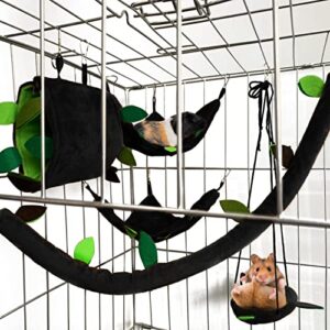 MUYG Hamster Hammock,Small Animal Hanging Hideout Tunnel Sleeping Set Plush Swing Warm Bed House Cage Nest Accessories for Sugar Glider,Squirrel,Black(5 Pcs)