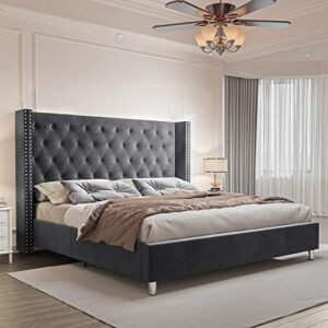 papajet tufted upholstered platform bed frame king size velvet low profile platform beds raised wingback headboard with strong wooden slats/mattress foundation/easy assembly, dark grey