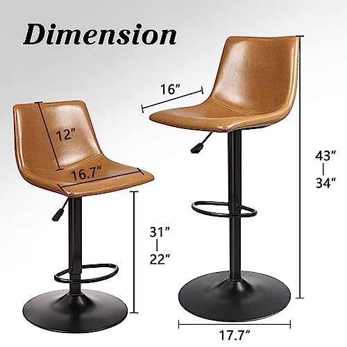 Waleaf Adjustable Swivel Bar Stools Set of 2,Counter Heigh Bar Stools with Back,350 LBS PU Leather Bar Stool for Kitchen Island,Upholstered Pub Stools with Footrest,Armless Dining Chairs for Bar