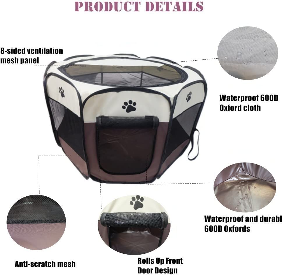 Gommle Portable Pet Playpen for Small Cat Dog Puppy Rabbit,Cat Kitten Playpen Indoor Outdoor with Carrying Case,Waterproof Bottom and Removable Zipper Top (S(28.7" x 28.7" x 16"), Brown)