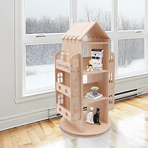 ZHFEISY Rotatable Bookshelf Pine Wood Rotating Bookshelf Castle Shape Book Shelf Organizer for Kids Large Capacity Bookshelf 45.67 x 23.23 x 23.23 inch