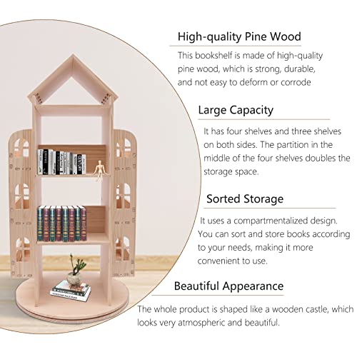 ZHFEISY Rotatable Bookshelf Pine Wood Rotating Bookshelf Castle Shape Book Shelf Organizer for Kids Large Capacity Bookshelf 45.67 x 23.23 x 23.23 inch