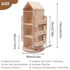 ZHFEISY Rotatable Bookshelf Pine Wood Rotating Bookshelf Castle Shape Book Shelf Organizer for Kids Large Capacity Bookshelf 45.67 x 23.23 x 23.23 inch