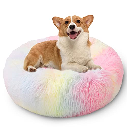 Luciphia Round Dog Cat Bed Donut Cuddler, Faux Fur Plush Pet Cushion for Large Medium Small Dogs, Self-Warming and Cozy for Improved Sleep Gradient Rainbow, Small (20" x20")