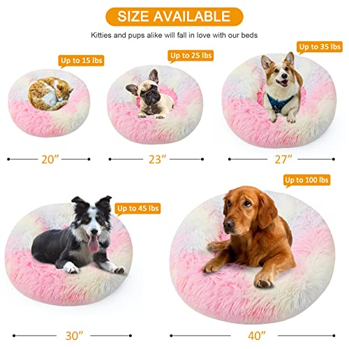 Luciphia Round Dog Cat Bed Donut Cuddler, Faux Fur Plush Pet Cushion for Large Medium Small Dogs, Self-Warming and Cozy for Improved Sleep Gradient Rainbow, Small (20" x20")