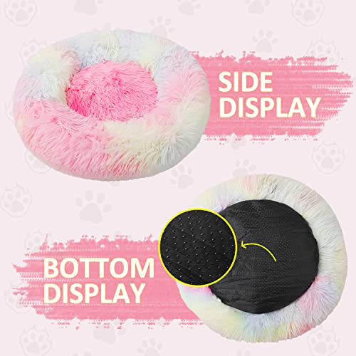 Luciphia Round Dog Cat Bed Donut Cuddler, Faux Fur Plush Pet Cushion for Large Medium Small Dogs, Self-Warming and Cozy for Improved Sleep Gradient Rainbow, Small (20" x20")