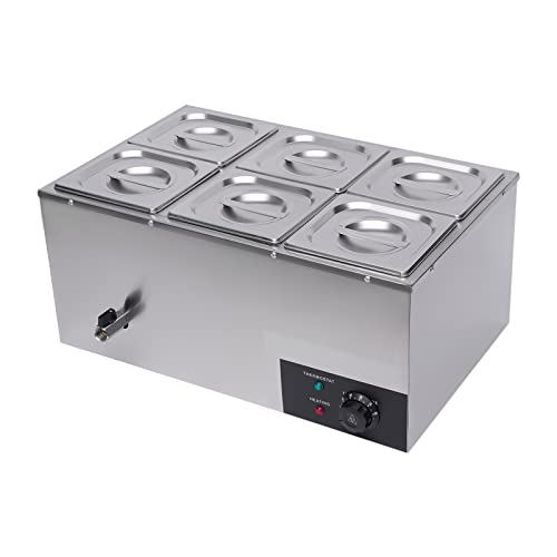 6-Pan Commercial Food Warmer, 110V 600W Electric Steam Table 15cm/6inch Deep, Professional Stainless Steel Buffet Bain Marie for Catering and Restaurants